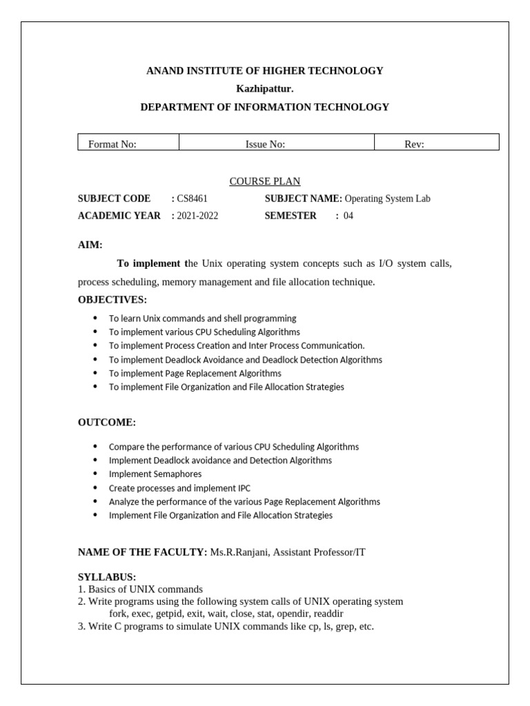 Os Lab Lesson Plan Pdf Operating System Process Computing