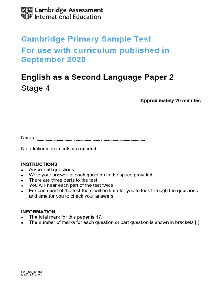 English As A Second Language Stage 4 Sample Paper 2 - tcm142-595050 | PDF