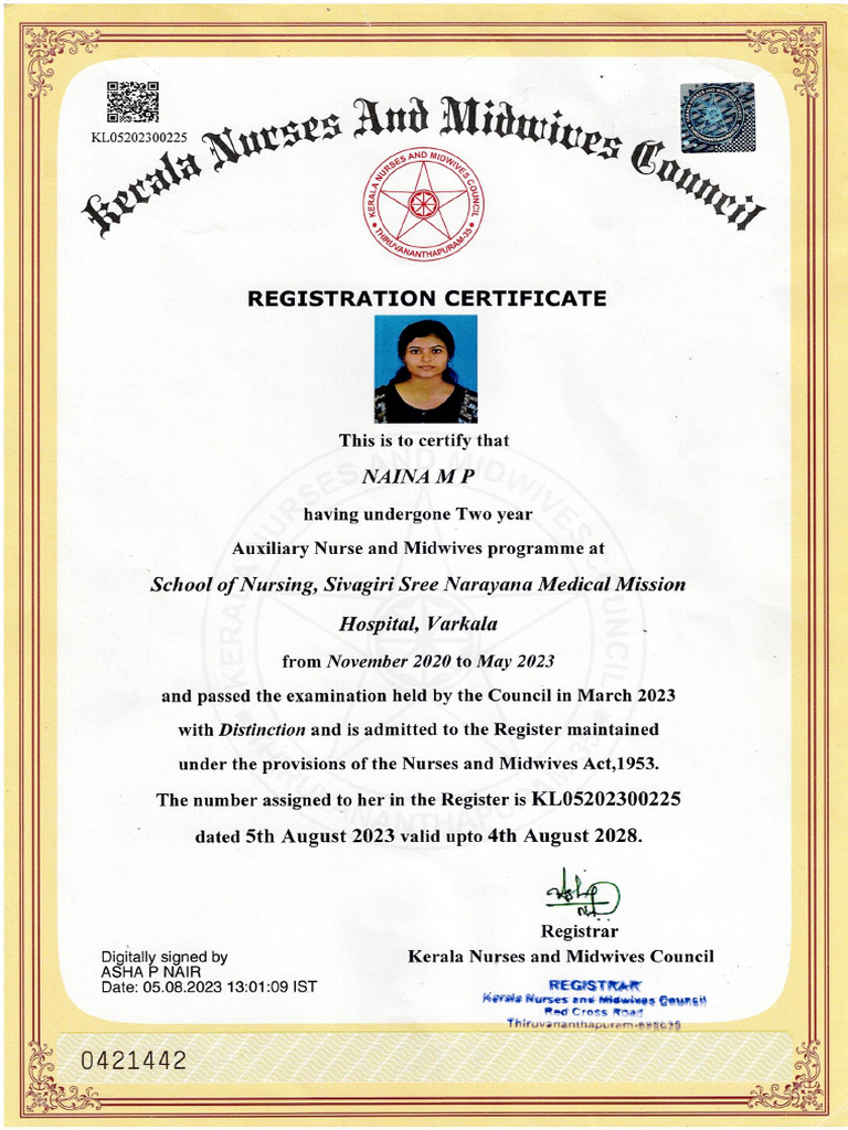 Kerala Nursing Council Registration Certificate | PDF