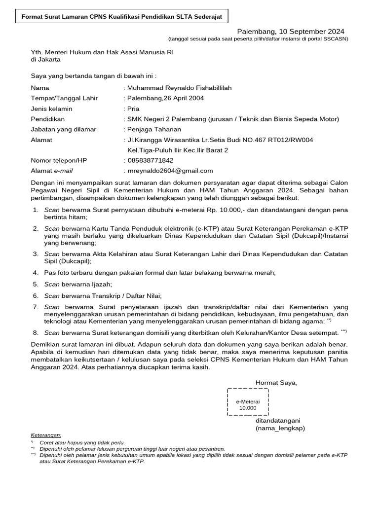 Surat Lamaran CPNS Rey | PDF