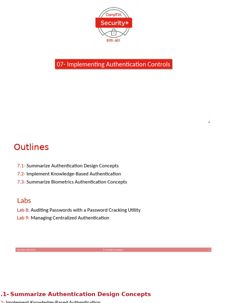 07 - Implementing Authentication Controls | PDF | Password | Authentication