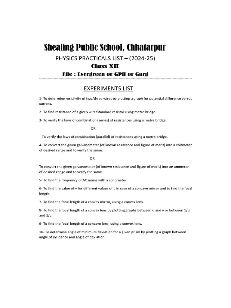 Class XII CBSE Physics Practical List 2024-25 Final | PDF Class XII CBSE Physics Practical List 2024-25 Final | PDF