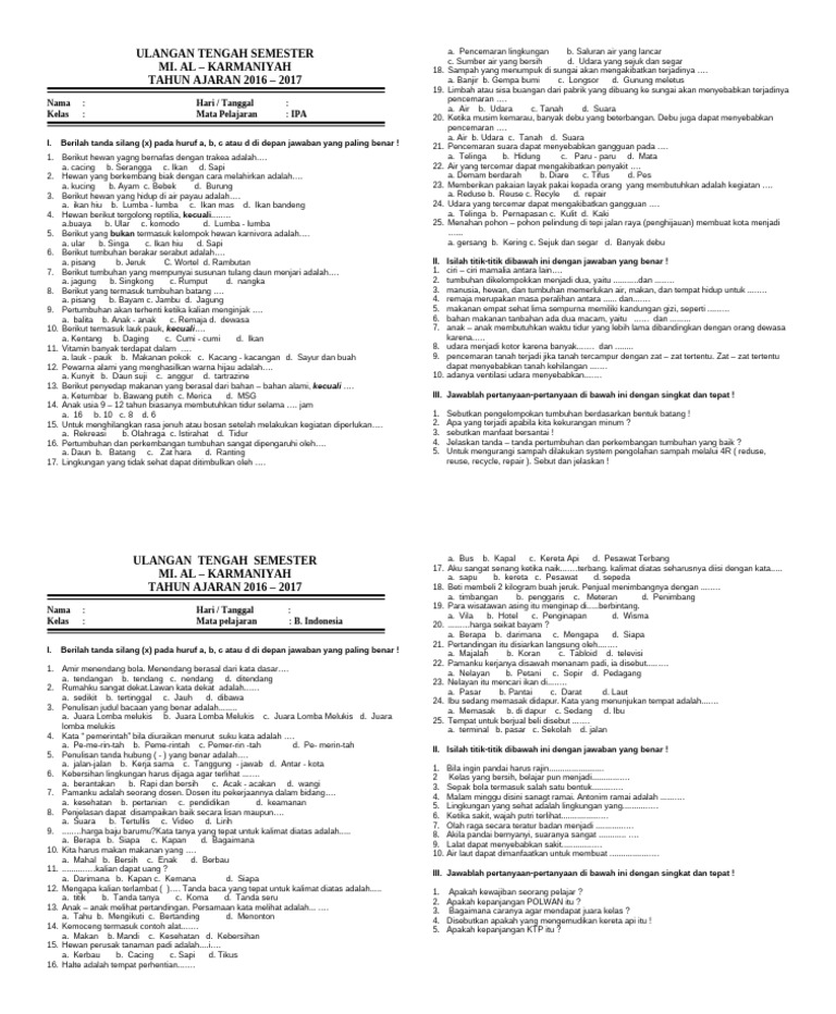 Soal Kelas 3 Semester 1 2016 - 2017 | PDF