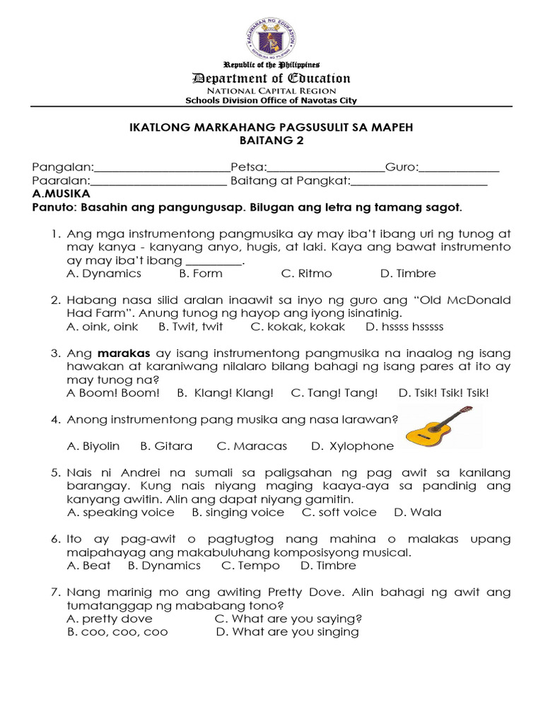 3rd Quarter Test in MAPEH 2 | PDF