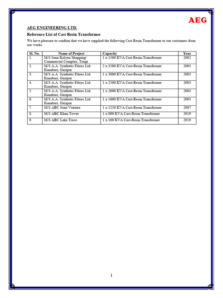 AEG Reference List (Cast Resin Transformer) | PDF