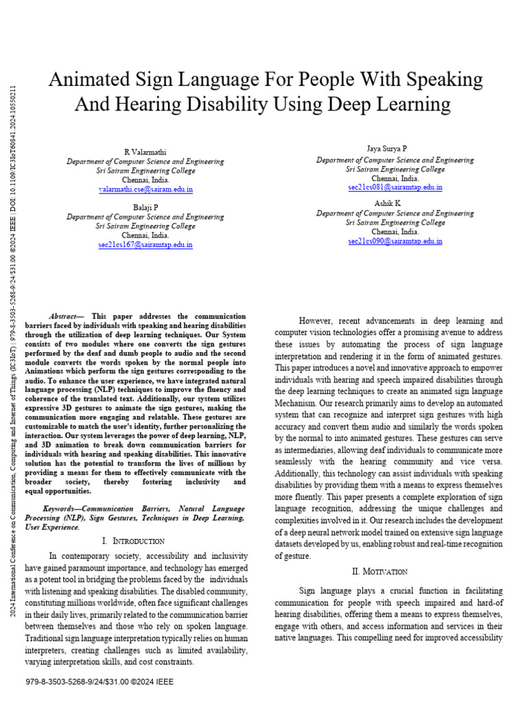 Animated Sign Language For People With Speaking and Hearing Disability Using Dee | PDF | Sign ...