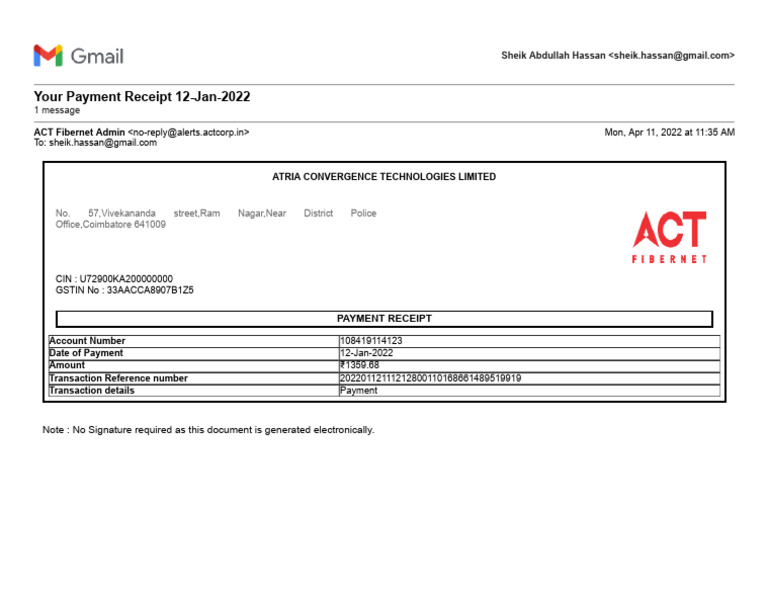Atria Convergence Payment Receipt | PDF
