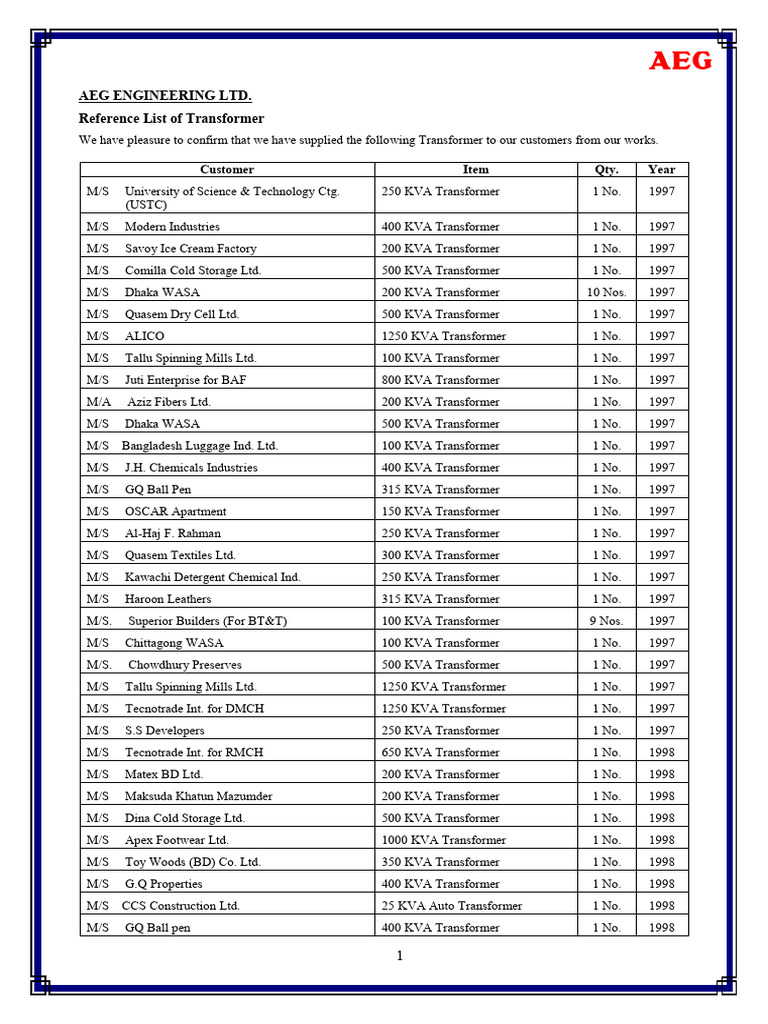 AEG Reference List (Transformer) | PDF | Textiles