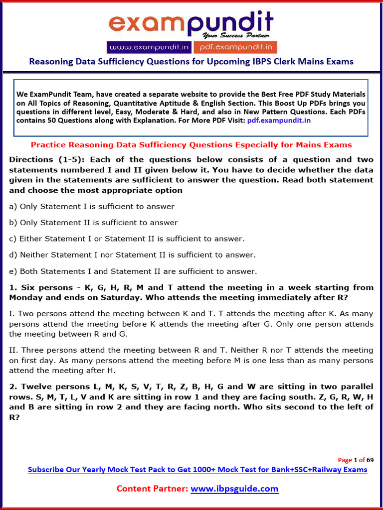Expected Reasoning Data Sufficiency Questions For Ibps Clerk Mains ...
