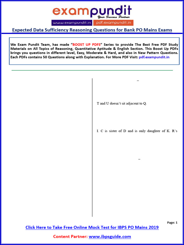 Expected Reasoning Data Sufficiency Questions For Bank Po Mains | PDF ...