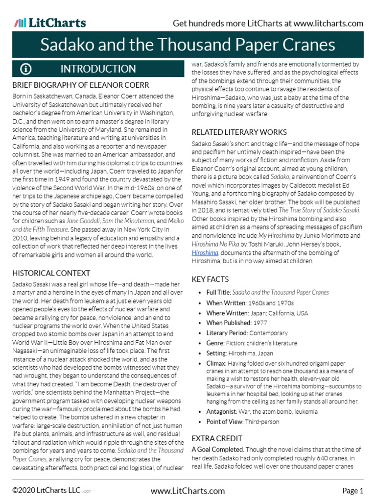 Sadako and The Thousand Paper Cranes LitChart | PDF