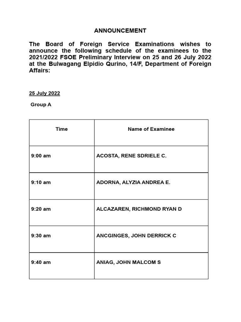 Announcement Examinees Sched 2021 Preliminary Interview | PDF