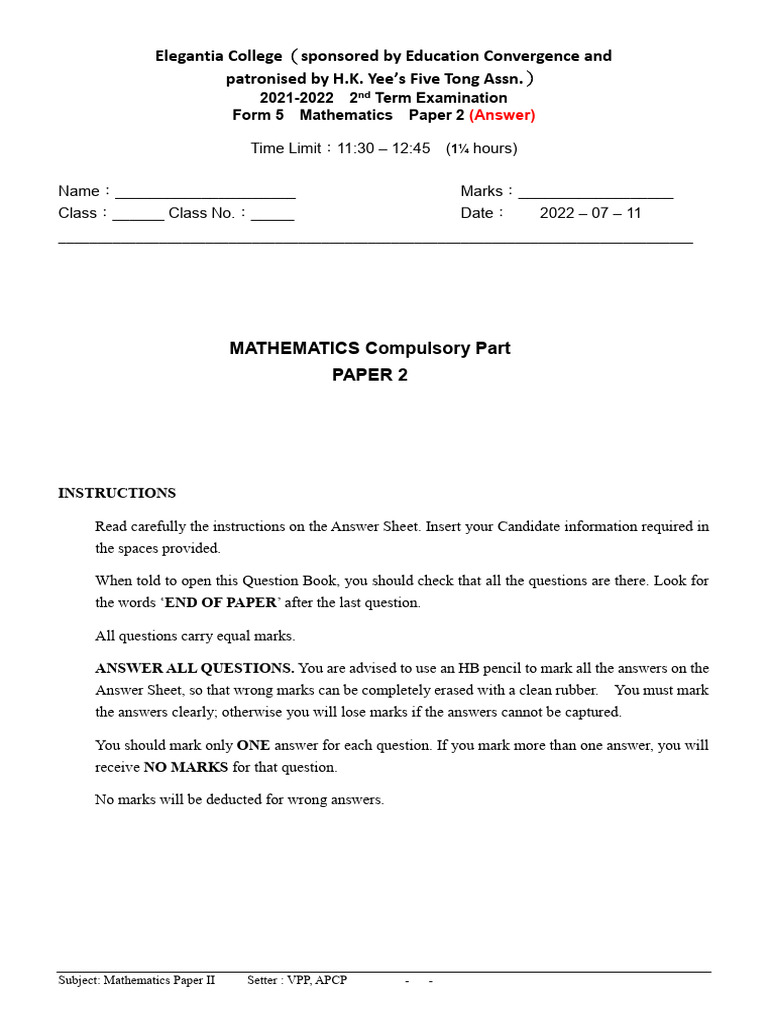 F5 Math 2nd Exam Paper 2 Answer 2122 | PDF | Circle | Standard Deviation