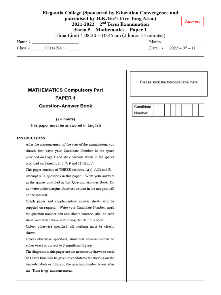 F5 Math 2nd Exam Paper 1 Answer 2122 | PDF | Cakes | Mathematics