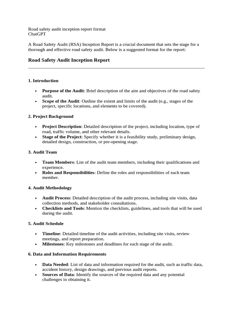 Road Safety Audit Inception Report Format | PDF | Audit | Risk