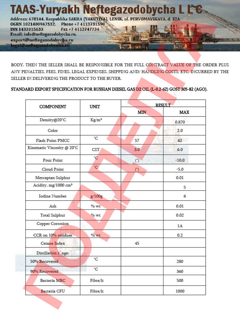 Russian Diesel D2 Oil Export Specs | PDF