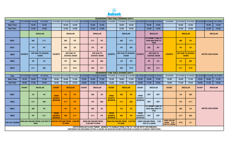 Engineering - Time Table - 14.10.2024 To 20.10.2024 | PDF