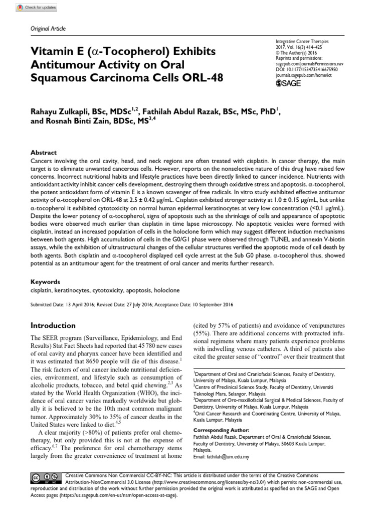 Zulkapli Et Al 2016 Vitamin e (A Tocopherol) Exhibits Antitumour ...