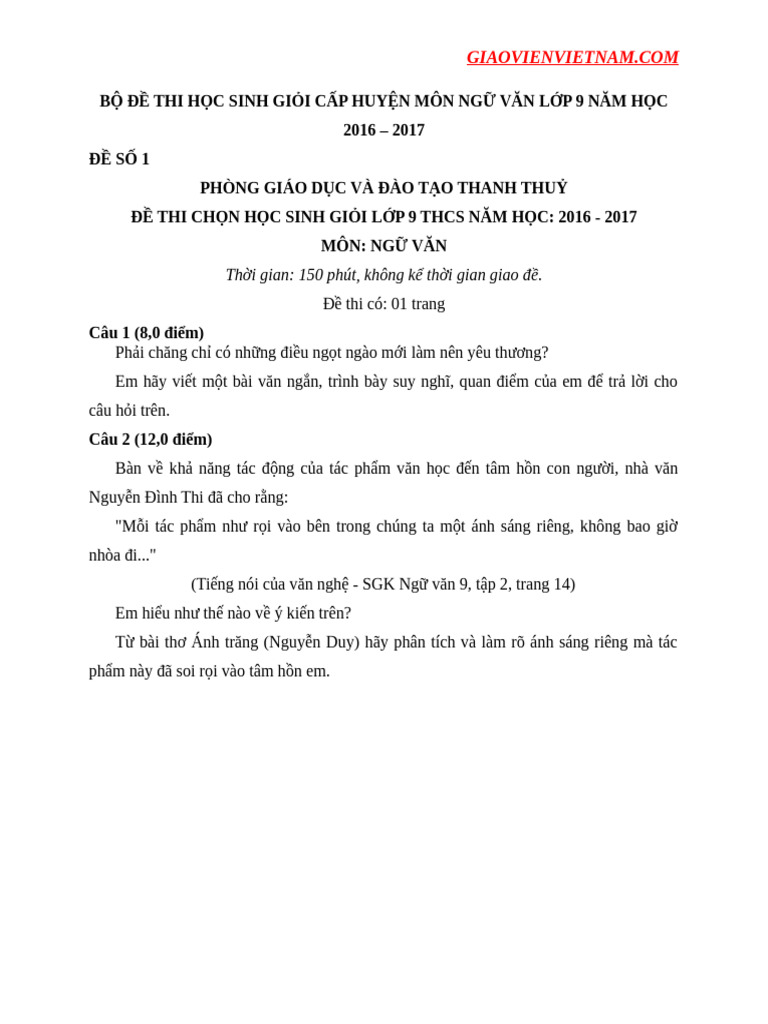 Bo de Thi HSG Cap Huyen Mon Ngu Van Lop 9 Nam Hoc 2016 2017 | PDF