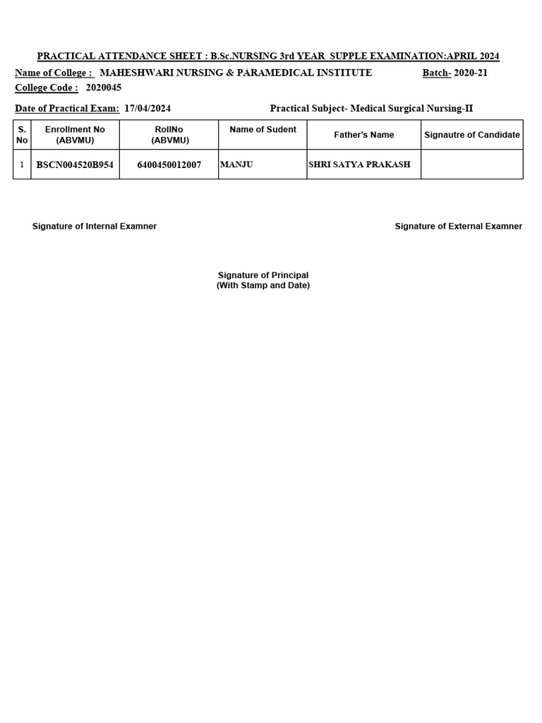 Medical Surgical Nursing Attendance Sheet | PDF
