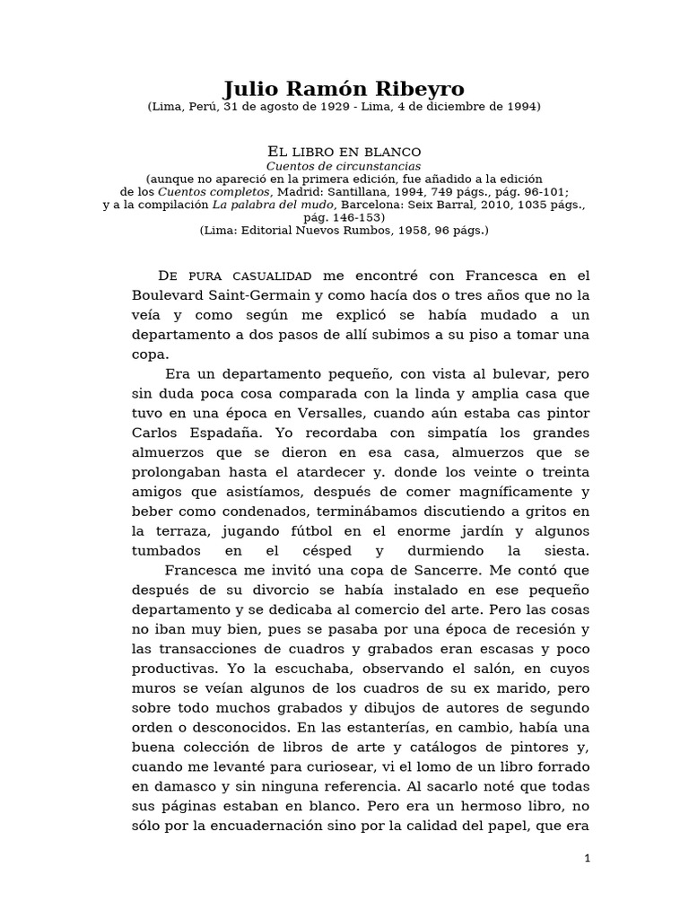 Julio Ramón Ribeyro - El Libro en Blanco | PDF