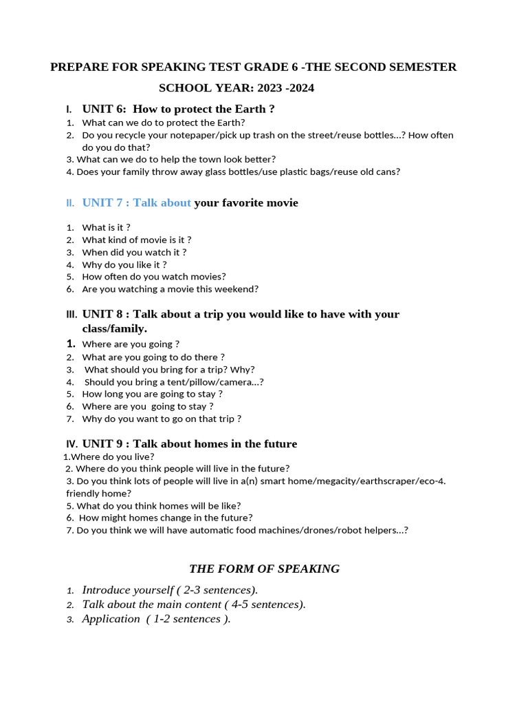 Grade 6 Speaking Test Preparation Guide | PDF