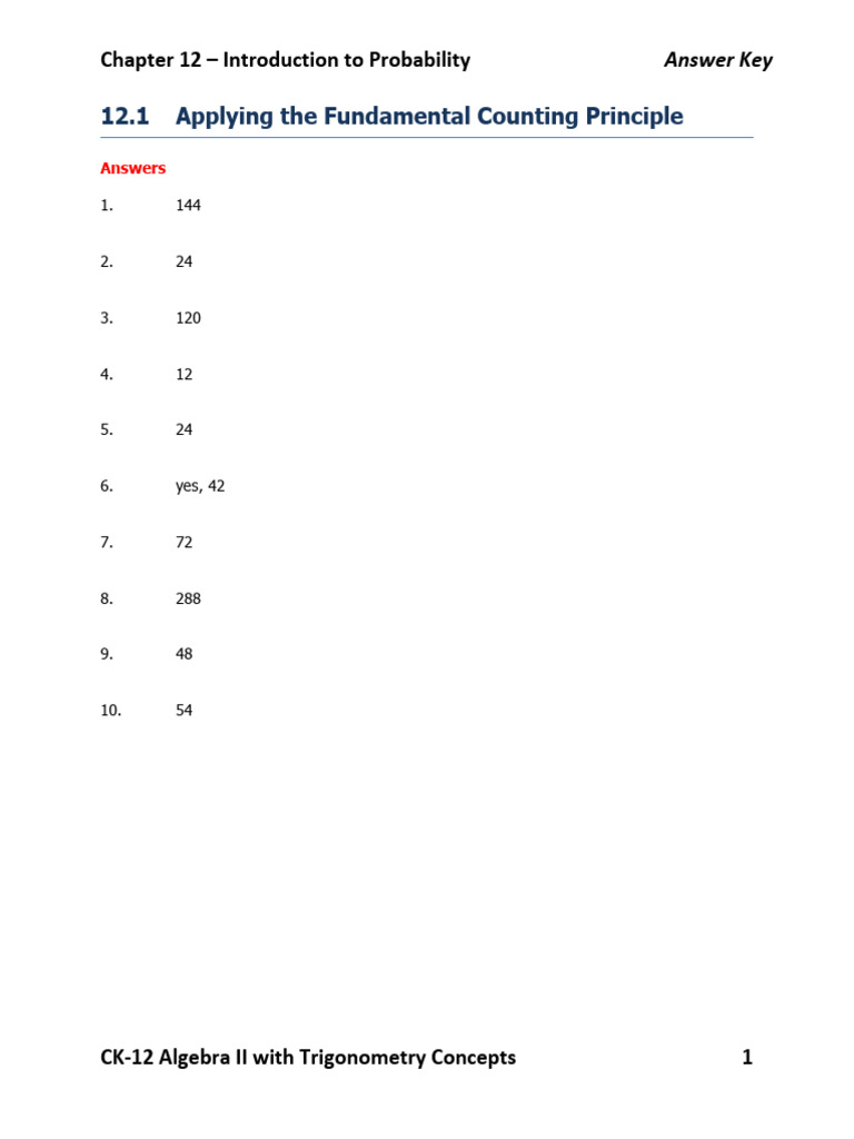 Answer Key - CK-12 Chapter 12 Algebra II WithTrigonometry Concepts (Revised) | PDF | Discrete ...