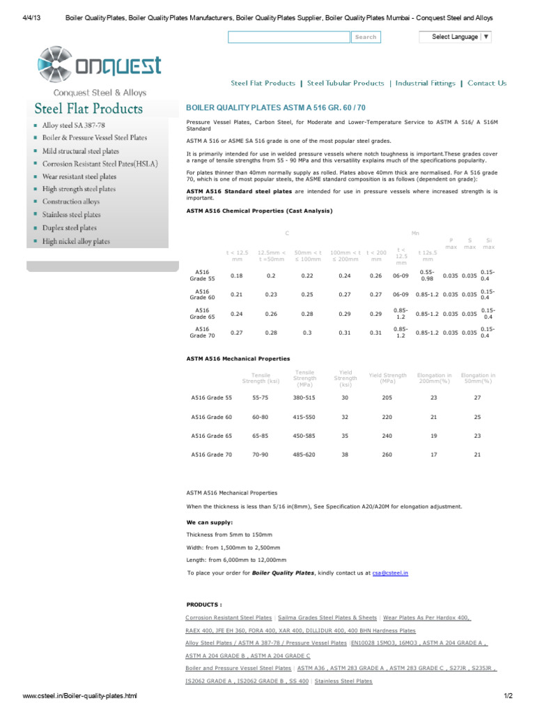 Boiler Quality Plates ASTM A516 | PDF | Boiler | Steel
