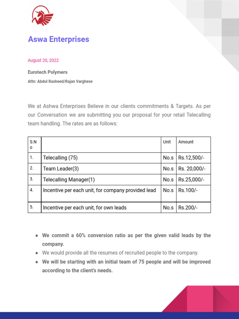 Telecalling Team Proposal and Rates | PDF | Value Added Tax | Salary