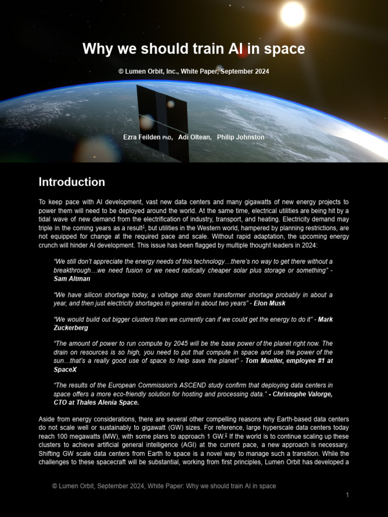 Why We Should Train AI in Space - White Paper | PDF | Data Center ...