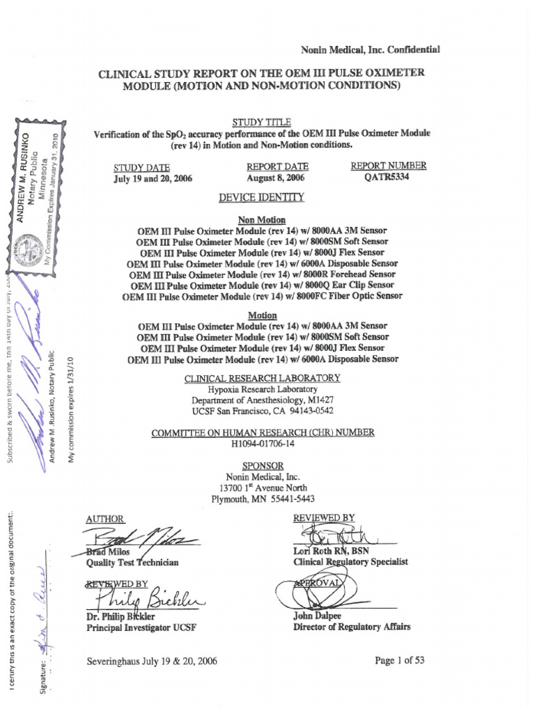 NONIN-QATR5334 OEM III ISP3 Clinical Study Report | PDF