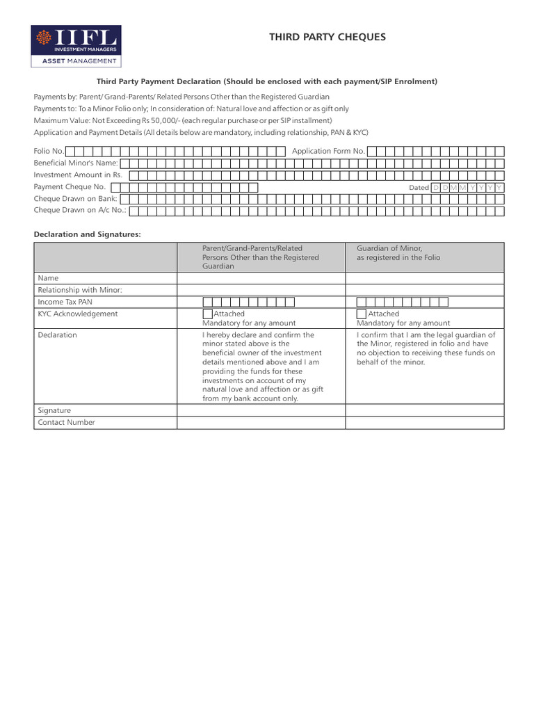 IIFL - Third Party Payment Declaration Form | PDF | Cheque | Banks