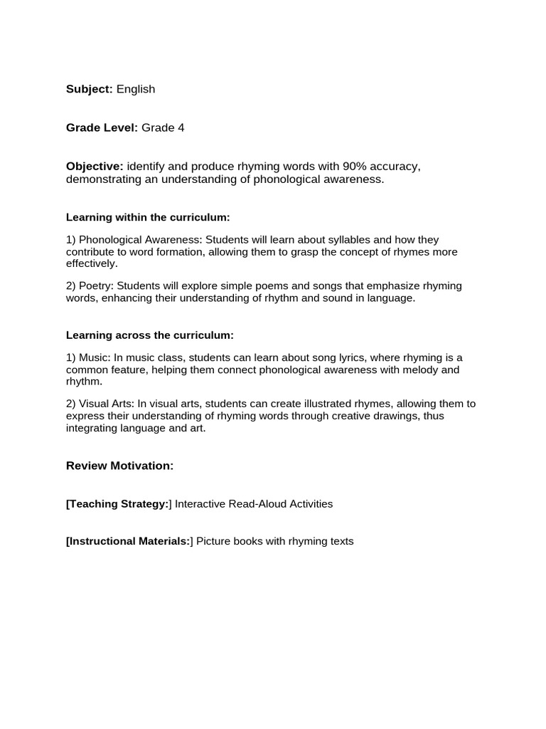 Lesson Plan | PDF | Rhyme | Learning
