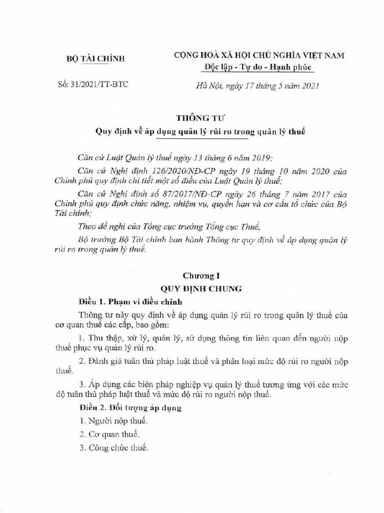 Thong Tu 31 2021 TT BTC Ve Ap Dung Quan Ly Rui Ro Trong Quan Ly Thue | PDF