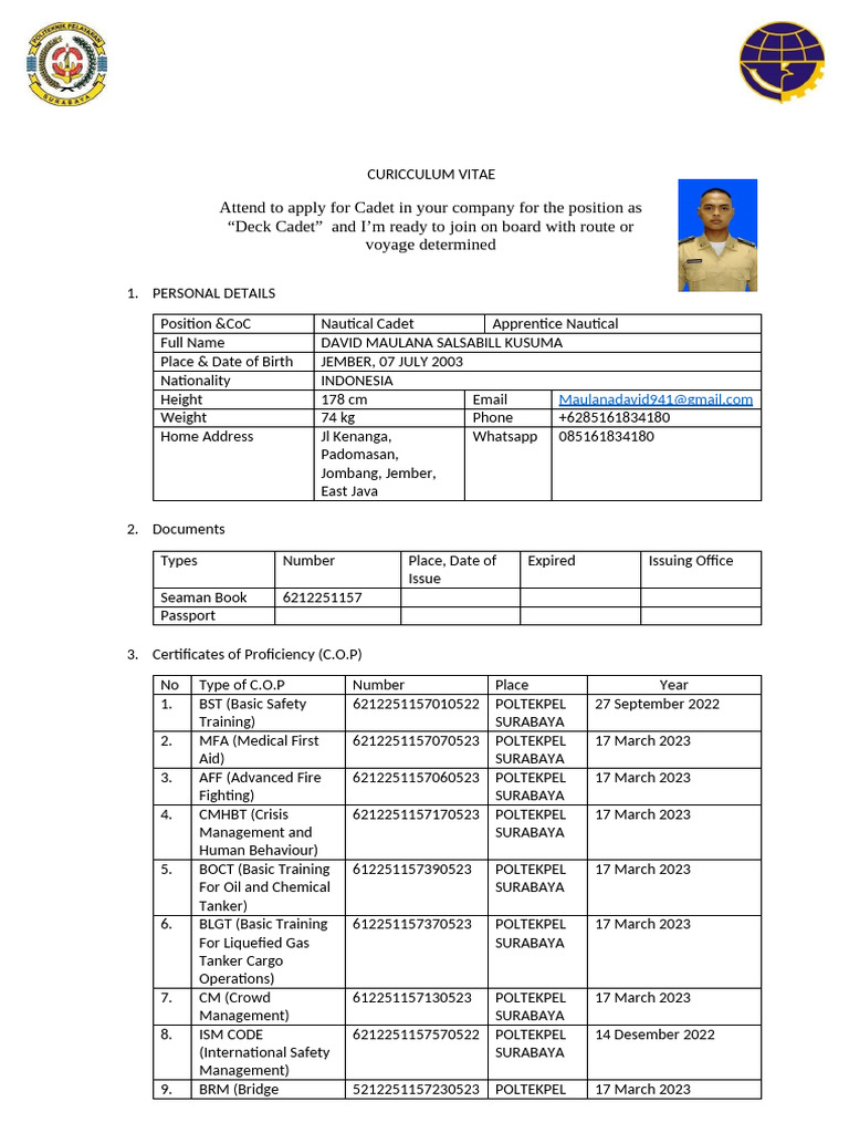 Deck Cadet CV of David Maulana Kusuma | PDF | Freight Transport | Water Transport