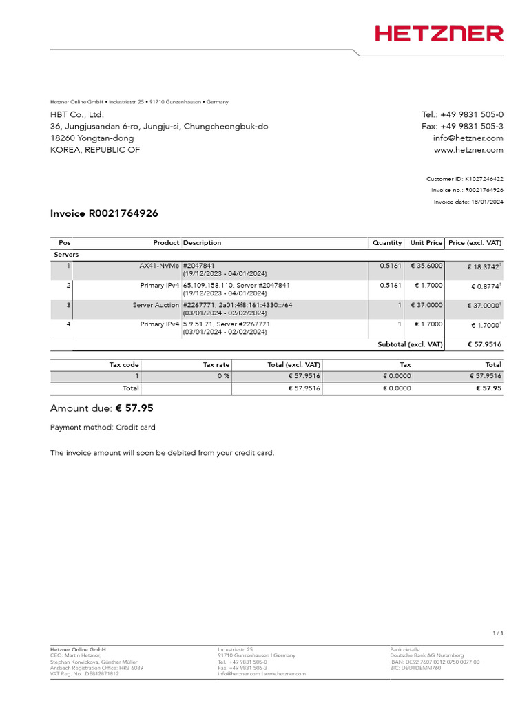 Hetzner - 2024 01 18 | PDF | Invoice | Business Hetzner - 2024 01 18 | PDF | Invoice | Business