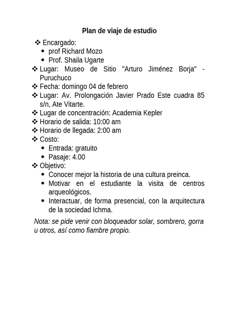 Plan de Viaje de Estudio | PDF