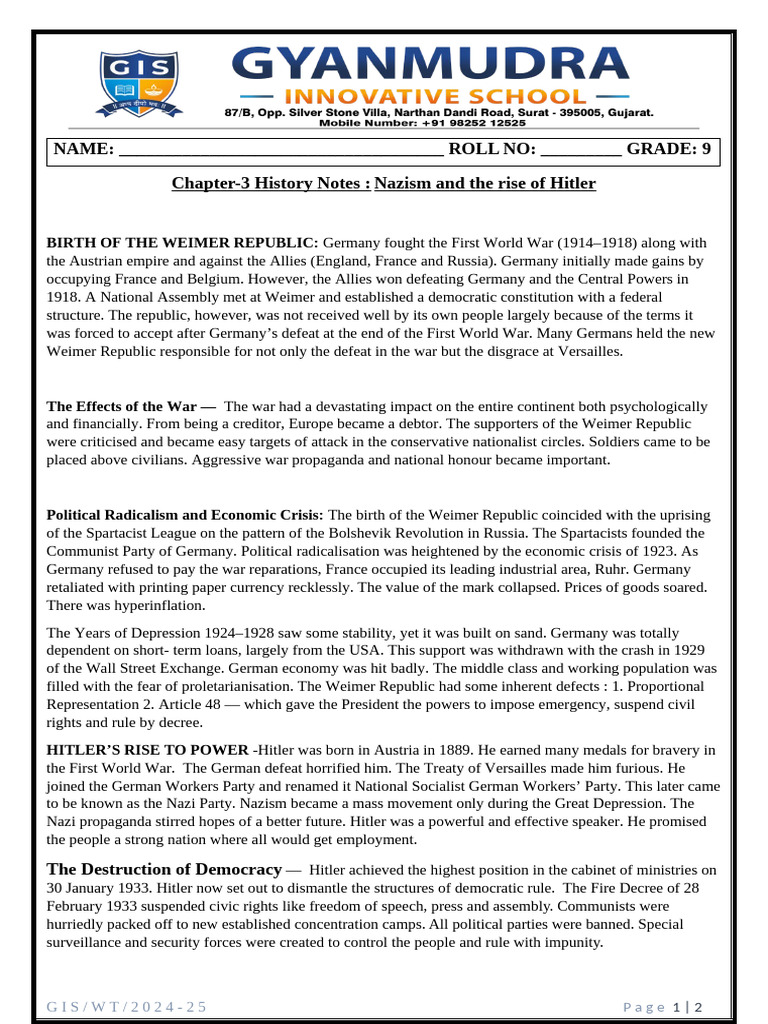 G9 Notes History CH-3 | PDF | Nazi Germany | Weimar Republic