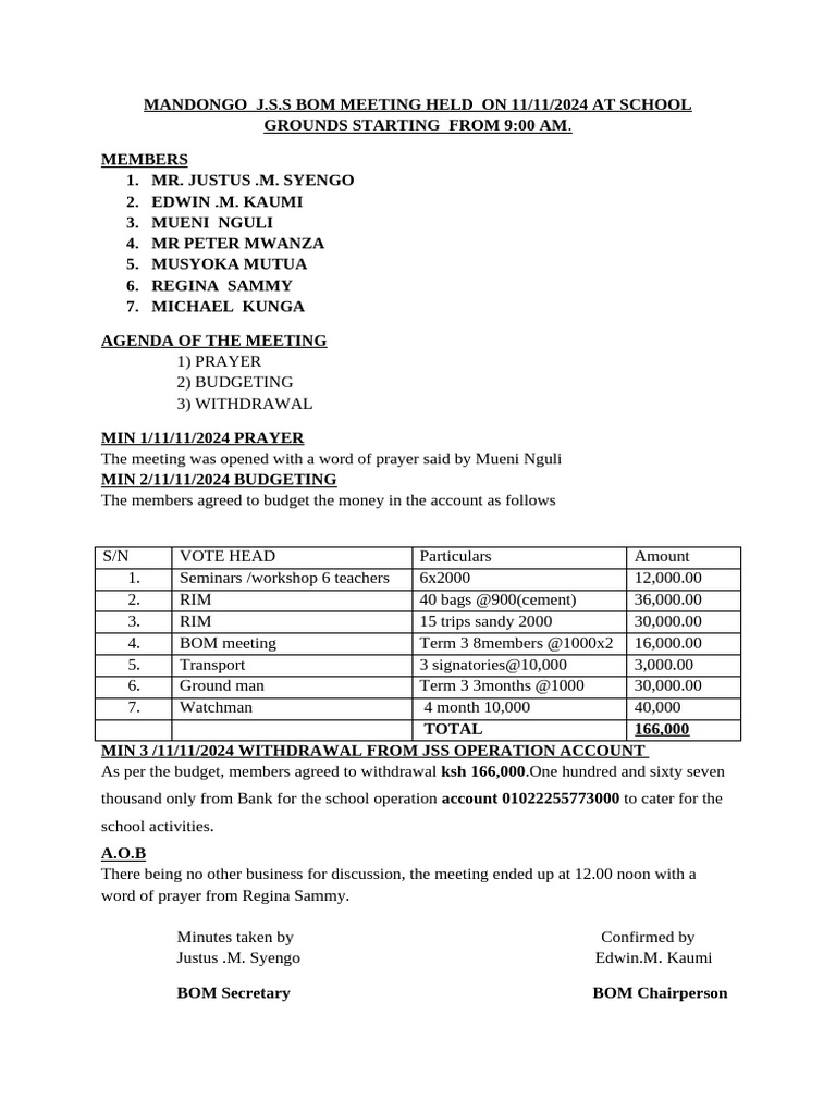 Mandongo J.S.S BOM Meeting Minutes | PDF