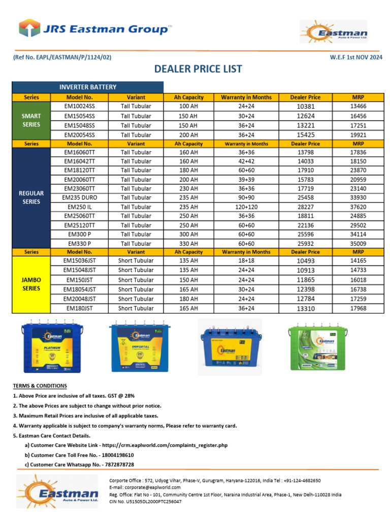 Eastman Battery Price List Nov 24-1 | PDF