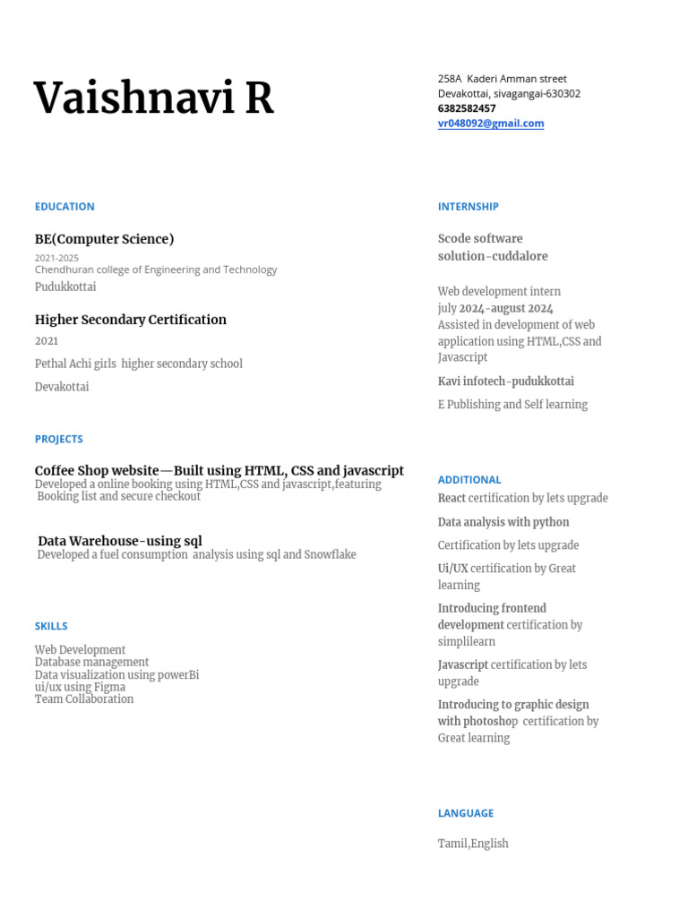 Vaishnavi R: BE (Computer Science) | PDF | Web Development | World Wide Web