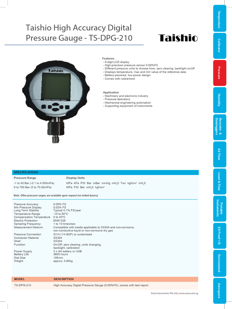 TAISHIO High Accuracy Digital Pressure Gauge - TS-DPG-210 | PDF ...