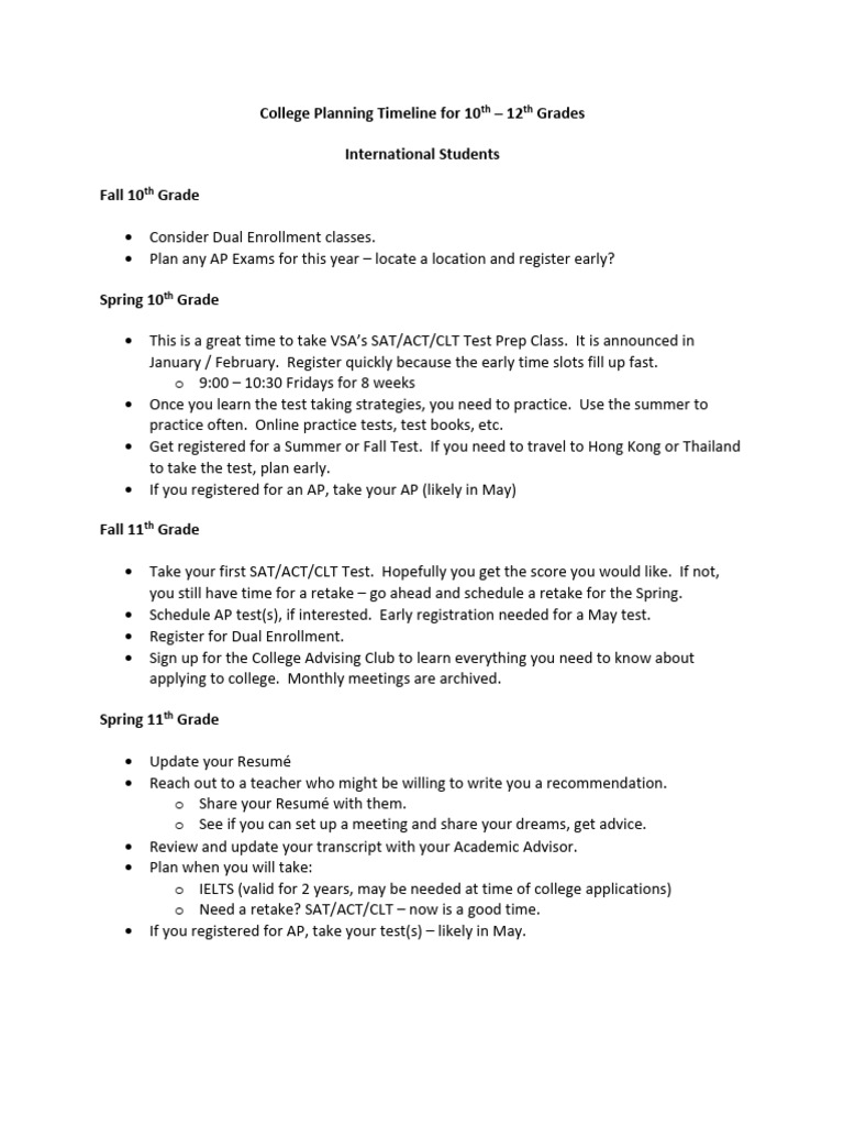 College Planning Timeline - International Students | PDF | College ...