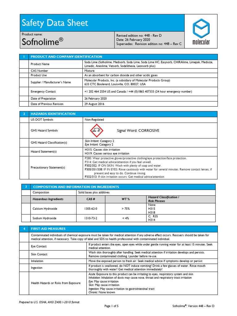 SDS - Sofnolime US Compliant | PDF | Toxicity | Occupational Safety And ...