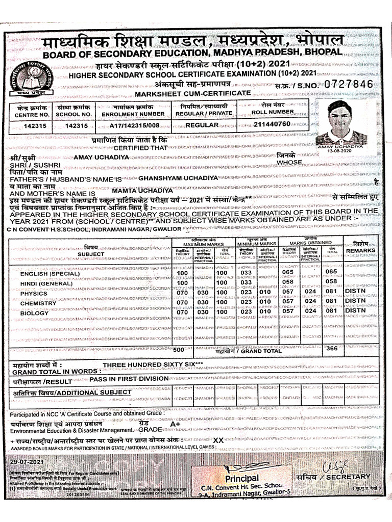 12th Marksheet | PDF