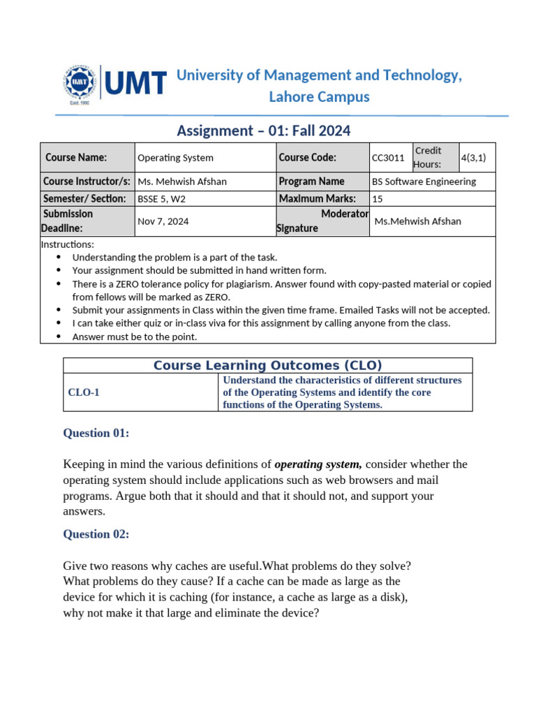 Assignment 01-W2 | PDF | Operating System | Cache (Computing)
