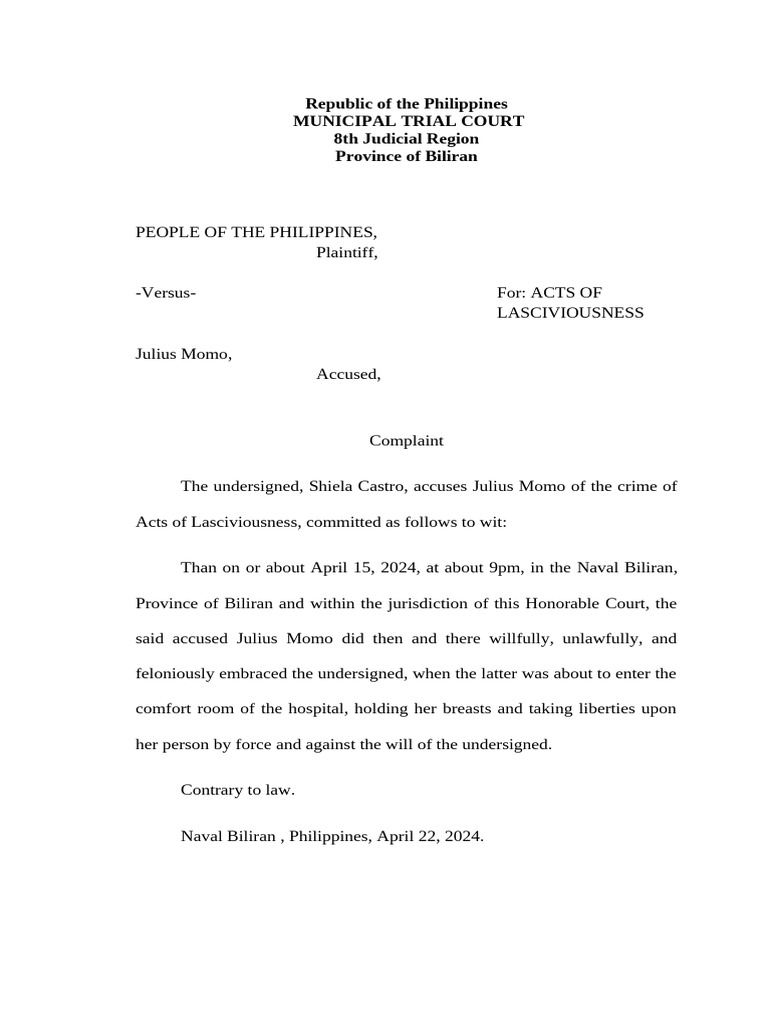 Complaint For Acts of Lasciviousness | PDF