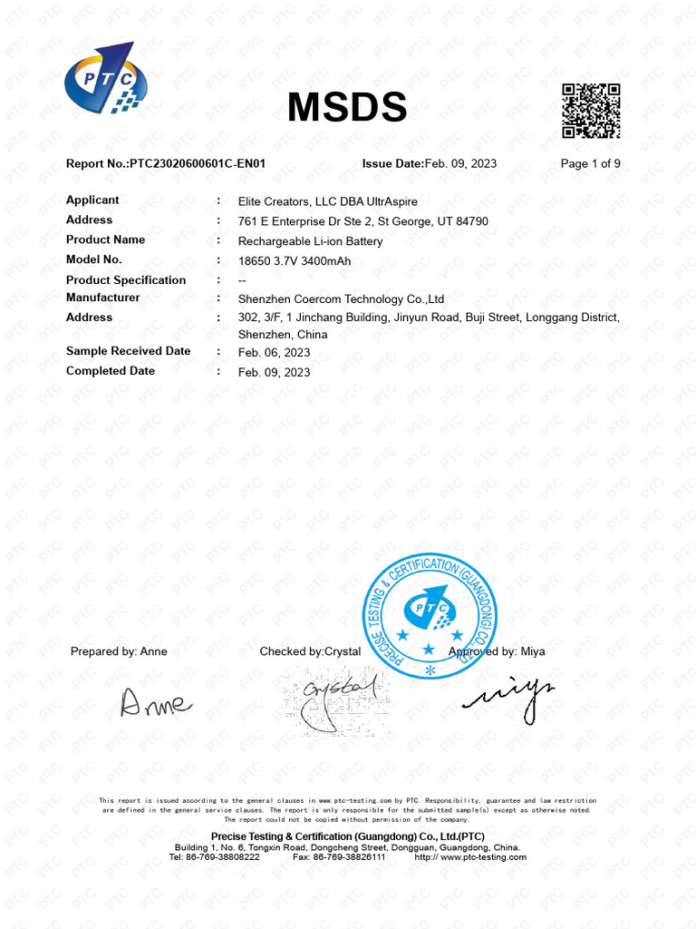 MSDS - 18650 Lithium Battery 2023 | PDF | Firefighting | Dangerous Goods