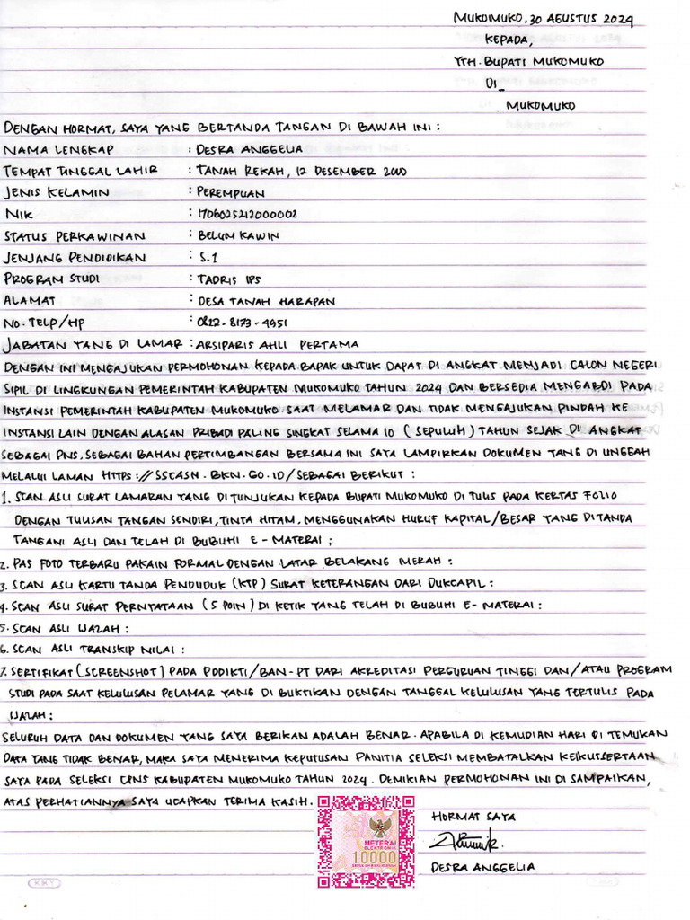 Lamaran Desra Anggelia | PDF