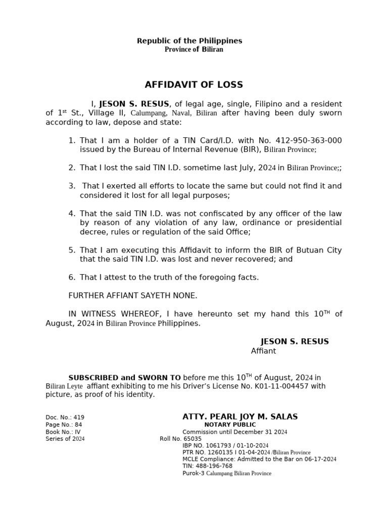 Affidavit of Loss TIN ID Resus | PDF